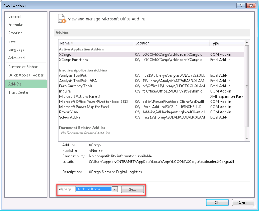 XCargo (COM-)AddIn cannot be activated in the options