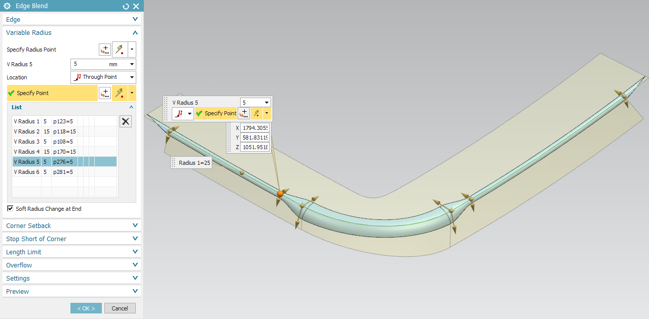 Enhanced Variable Radius Edge Blends Through Points