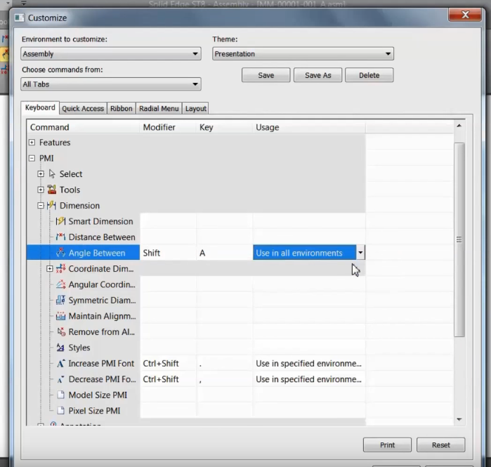 Solid Edge Command Ribbon Shortcuts