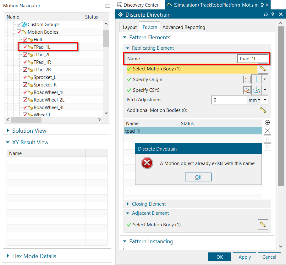 Motion Object Already Exists within Discrete Drivetrain Element