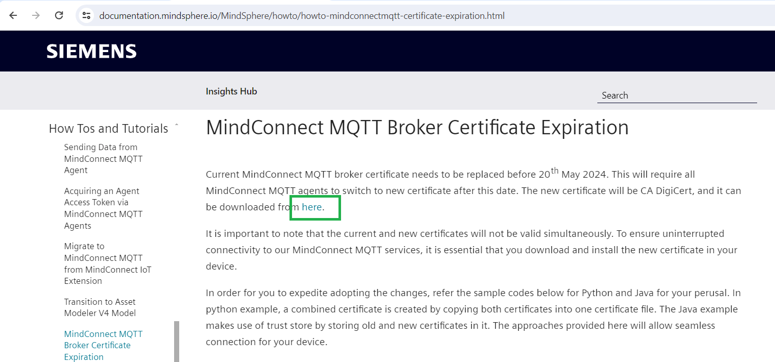 Updating MindConnect MQTT broker certificate expiring Monday May 20, 2024