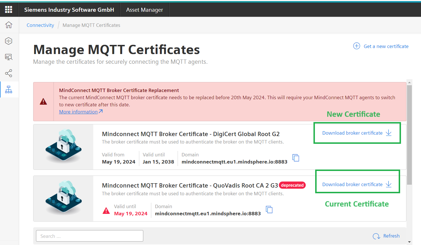 Updating MindConnect MQTT Broker Certificate Replacement